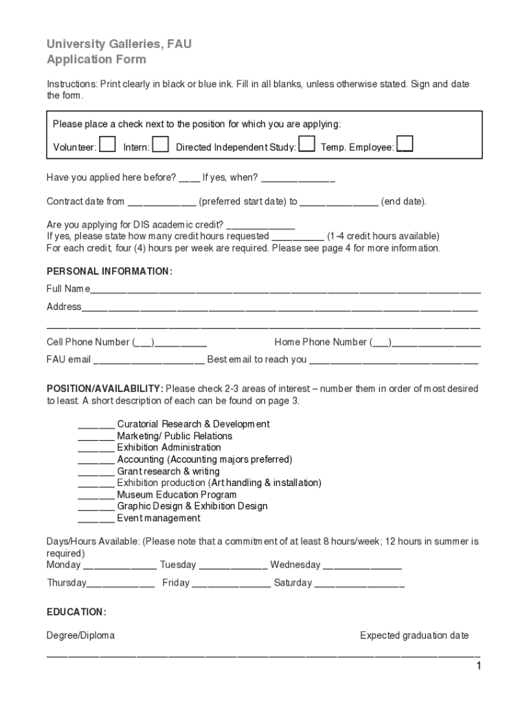 Fillable Online University Galleries, FAU Application Form Fax Email ...