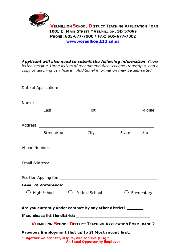 Vermillion-School-District-Teaching-Application-- ... - vermillion k12 sd Doc Template | pdfFiller