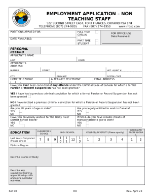 EMPLOYMENT APPLICATION - NON TEACHING STAFF Doc Template | pdfFiller