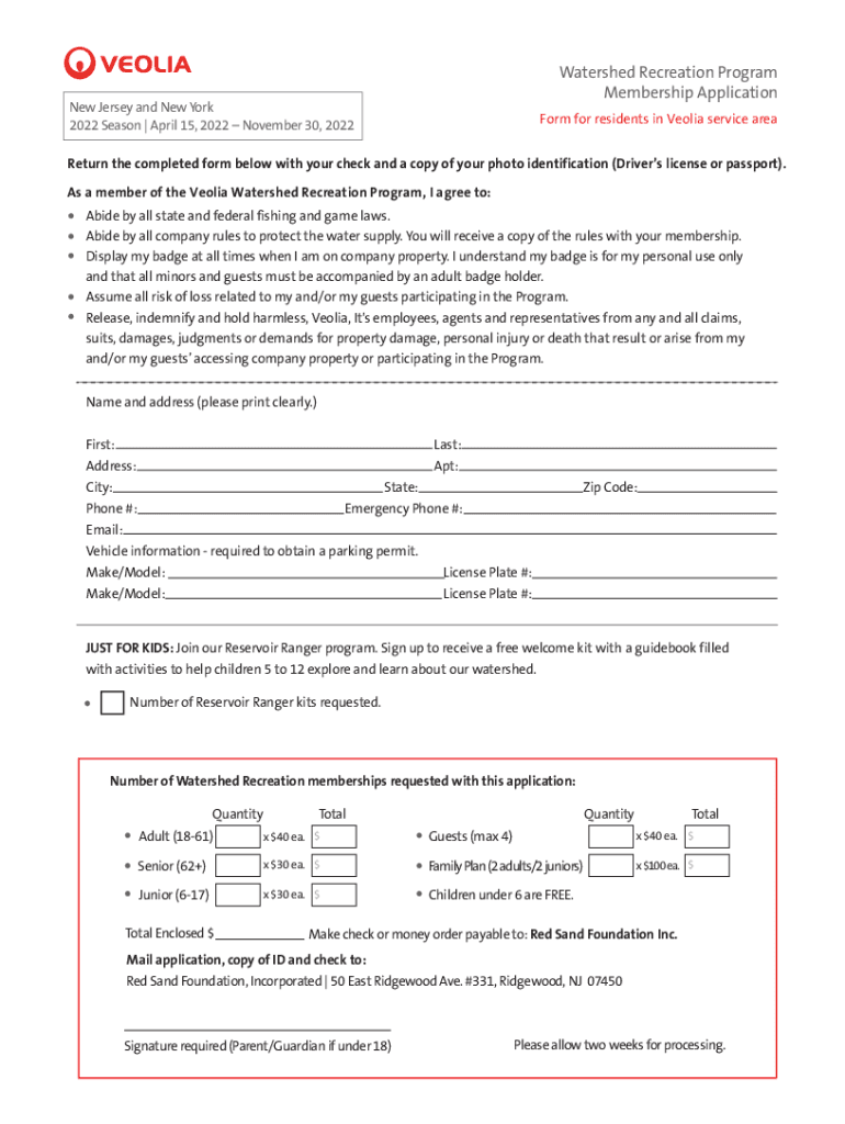 Fillable Online Watershed Recreation Application PDF Form Fax Email ...