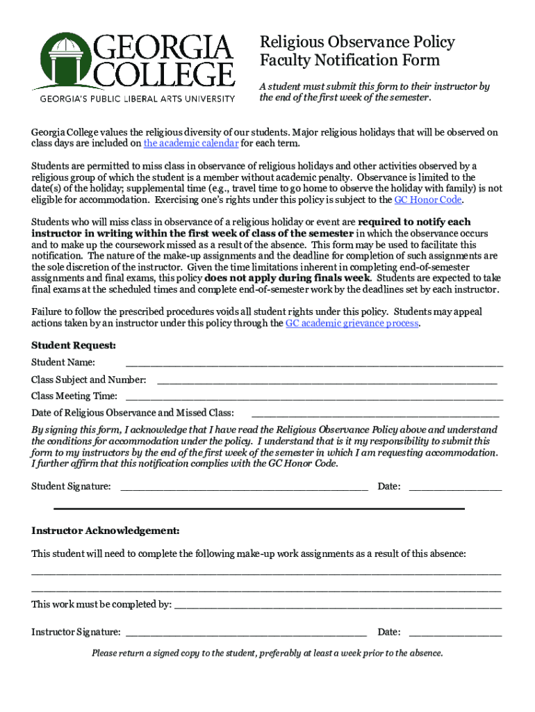 Fillable Online Religious Observance Policy Faculty Notification Form ...