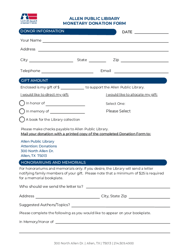 Fillable Online ALLEN PUBLIC LIBRARY MONETARY DONATION FORM Fax Email ...