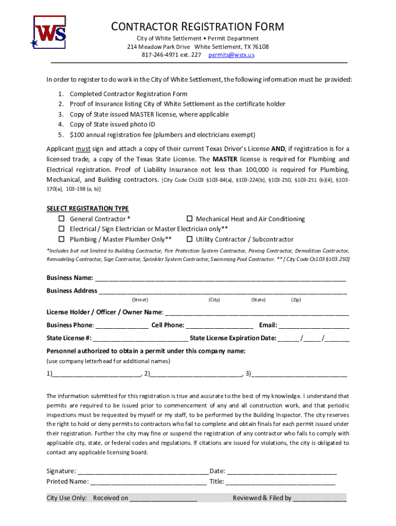 Fillable Online Permit Forms and Contractor Registration - Saginaw, TX Fax Email Print - pdfFiller