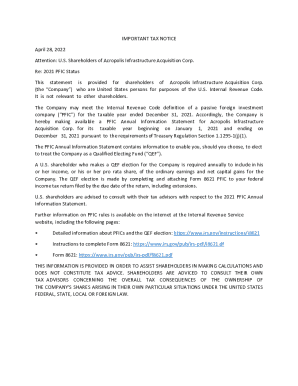 Fillable Online PFIC Annual Information Statement Artius Acquisition ...