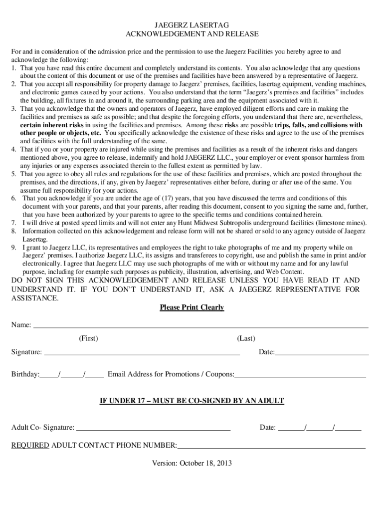 Fillable Online Laser Tagging, Inc. RELEASE AND WAIVER OF LIABILITY ...