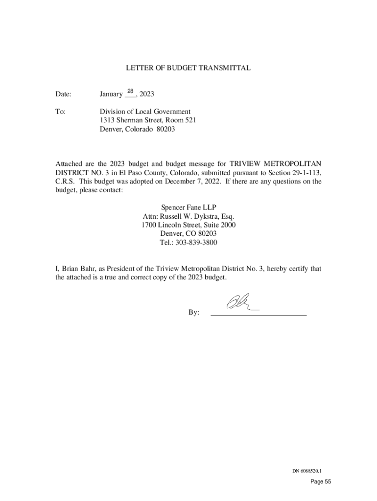 Fillable Online LETTER OF BUDGET TRANSMITTAL Date: January , 2022 To ...