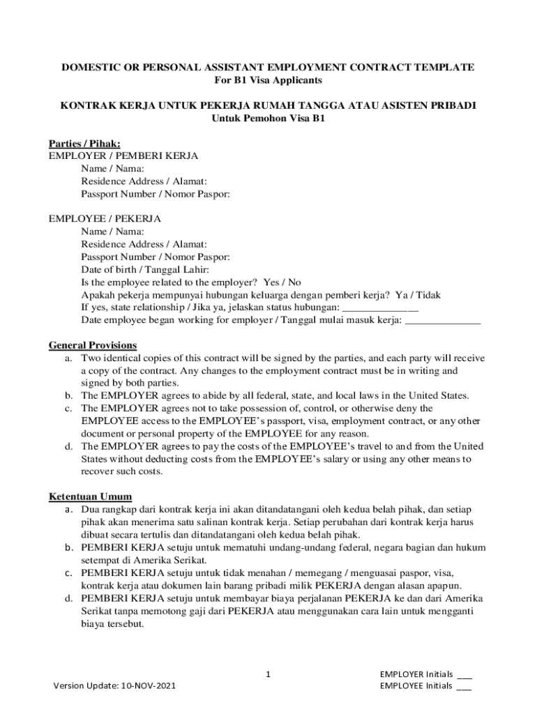 Fillable Online domestic or personal assistant employment contract ...