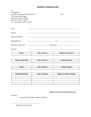 Fillable Online UNIVERSITY CLEARANCE FORM Departmental lab Dues / No ...