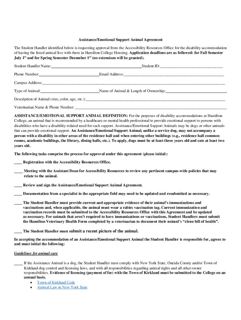 Fillable Online Assistance/Emotional Support Animal Agreement Fax Email Print - pdfFiller