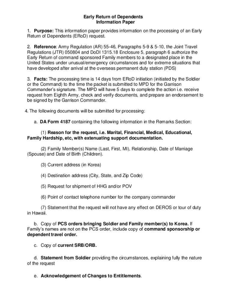 Fillable Online 8tharmy korea army Early Return of Dependents ...