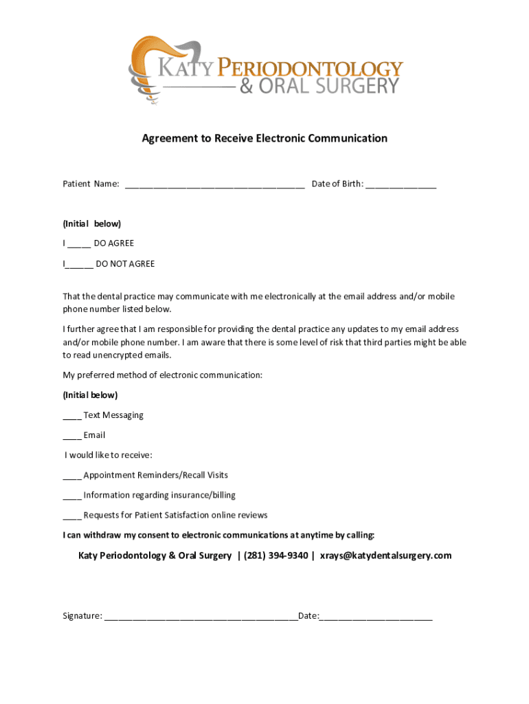 Fillable Online Agreement to Receive Electronic Communication Patient ...