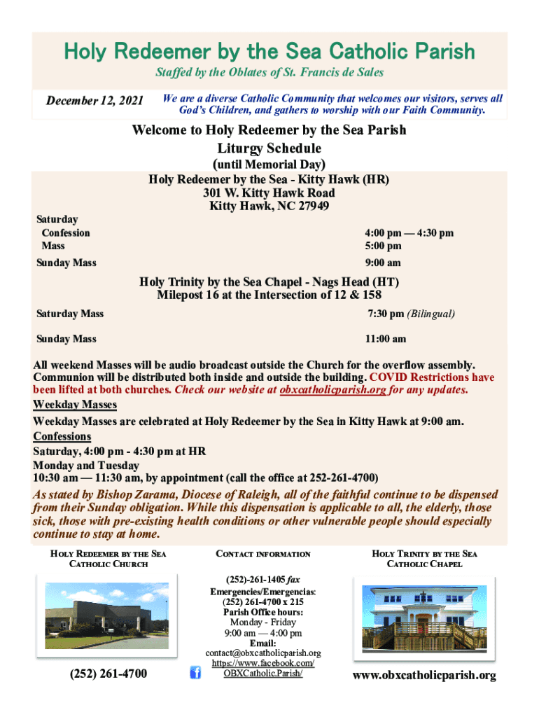 Fillable Online Holy Redeemer By the Sea Catholic Church, Kitty Hawk ...