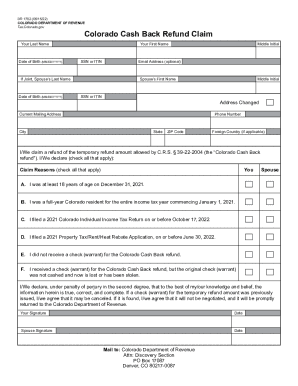 Fillable Online Colorado Cash Back Refund Claim Fax Email Print - pdfFiller