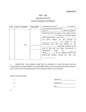 Fillable Online GFR19A (See Rule 212 (1)) Form of Utilization Certificate Fax Email Print ...