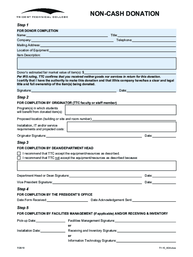 Fillable Online T1-10ADA Non-Cash Donation Form Fax Email Print - pdfFiller