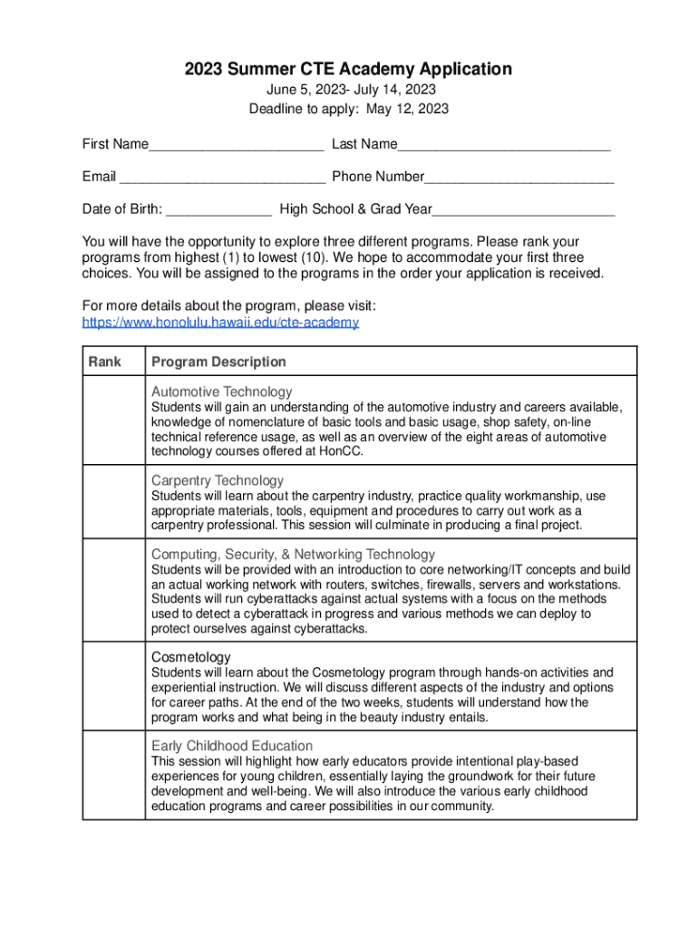 Fillable Online Summer CTE Academy Information Sheet Fax Email Print ...