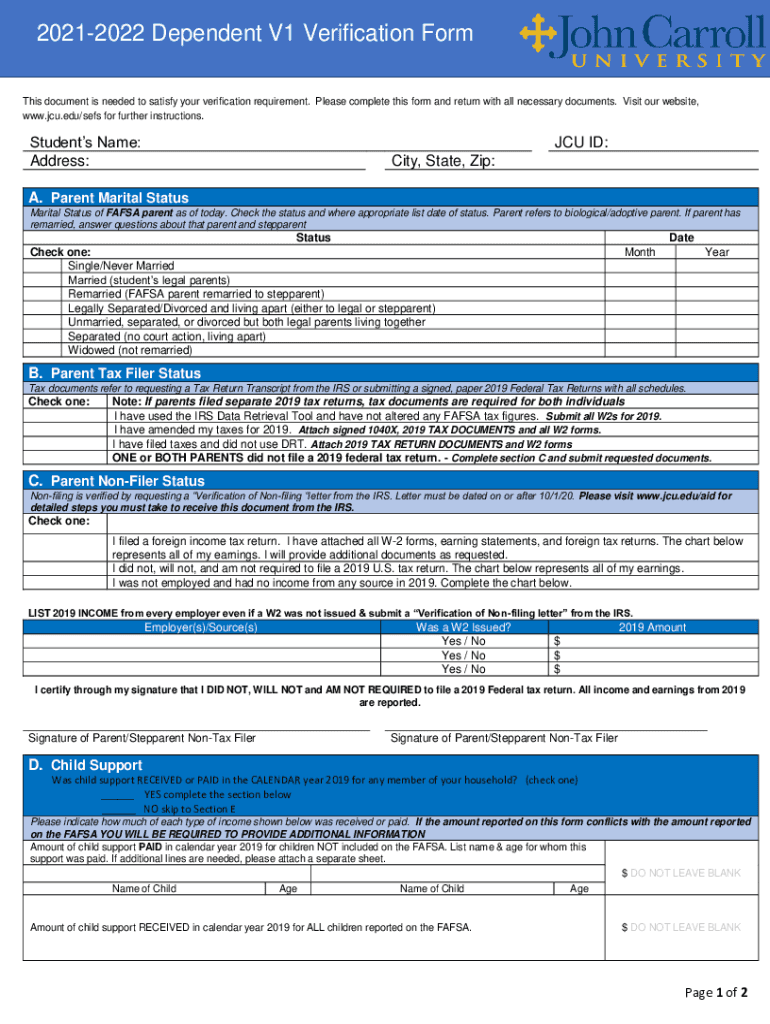 Fillable Online 20212022 Dependent Verification Worksheet V1 Fax Email Print - pdfFiller