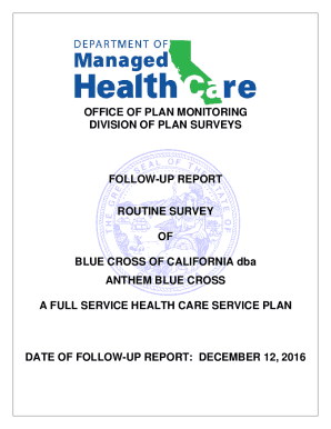 Fillable Online dmhc ca BLUE CROSS OF CALIFORNIA Follow-Up Report Fax ...