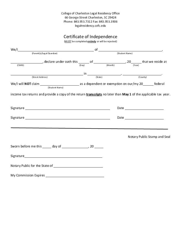 Fillable Online legalresidency cofc Affidavit of Financial Independence ...