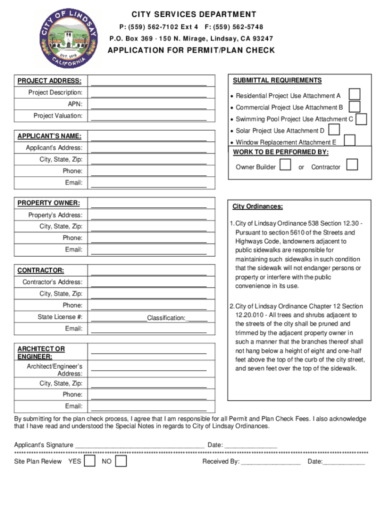 Fillable Online CITY SERVICES DEPARTMENT APPLICATION FOR PERMIT/PLAN ...