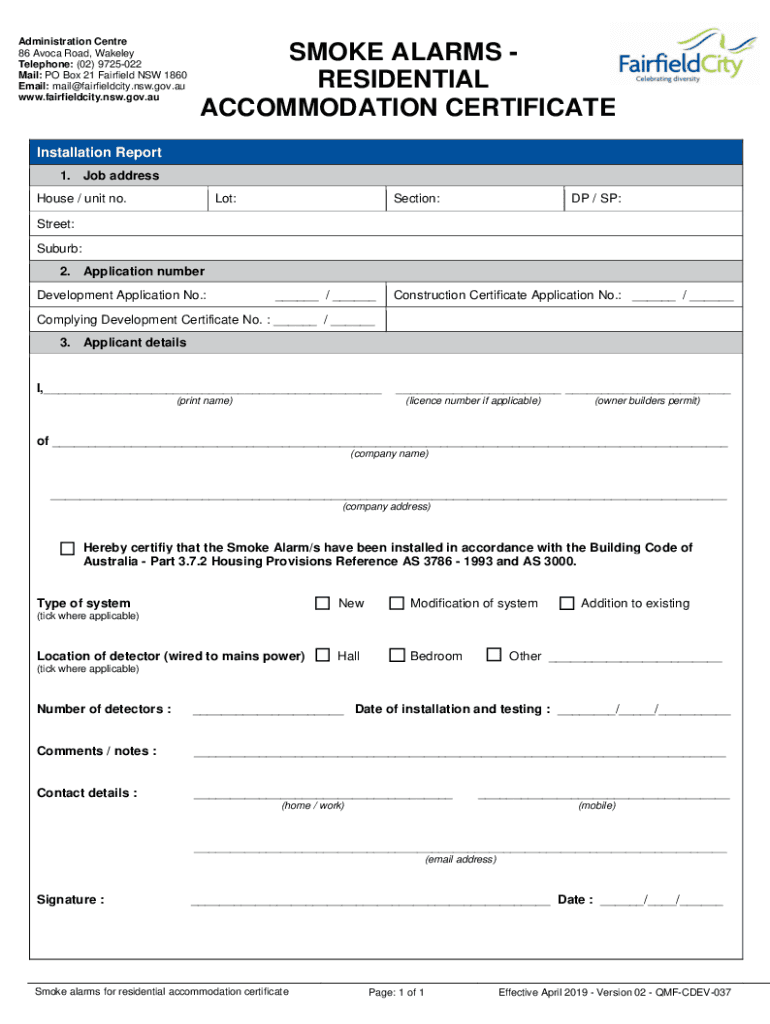 Fillable Online Smoke Alarms for Residential Accommodation Certificate ...