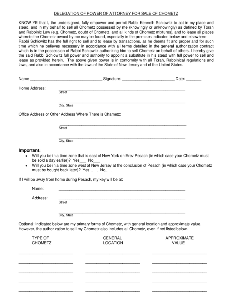 Fillable Online delegation of power of attorney for sale of chometz Fax ...