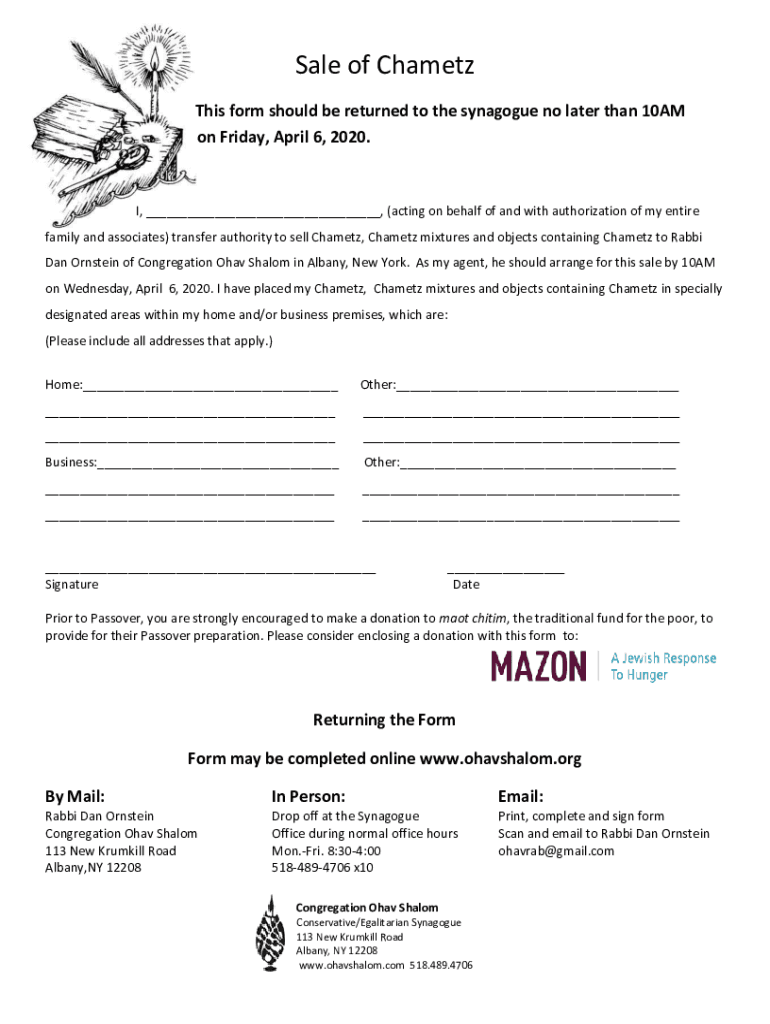 Fillable Online Sale of Chametz Form 5777 - Knoxville Fax Email Print ...