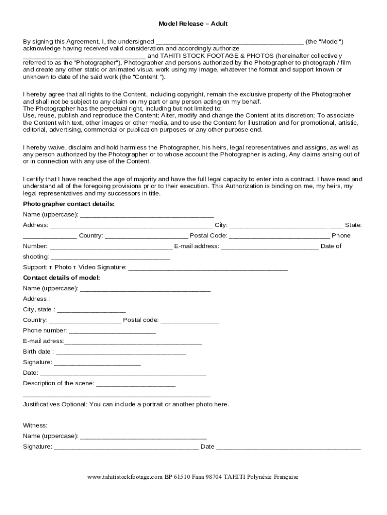 Fillable Online Model Release Adult By signing this Agreement, I, the ...