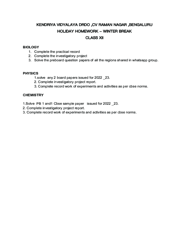Fillable Online WINTER BREAK CLASS XII - Kendriya Vidyalaya DRDO Fax Email Print - pdfFiller