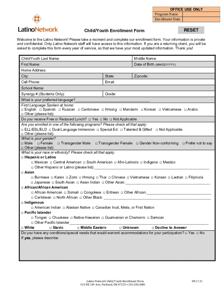 Fillable Online Child/Youth Enrollment Form RESET Fax Email Print ...