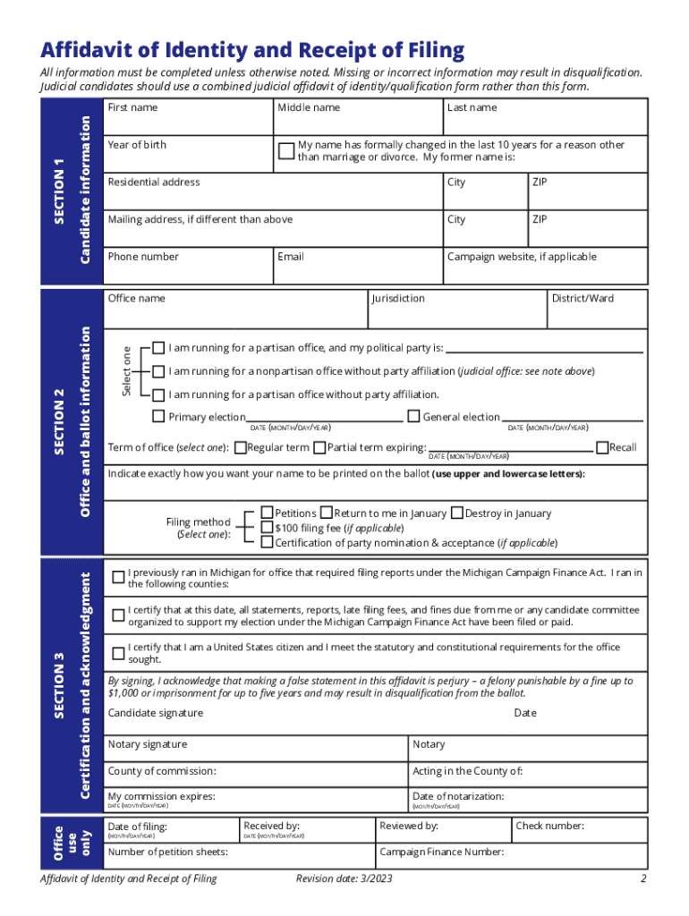 Fillable Online Affidavit of Identity and Receipt of Filing ...