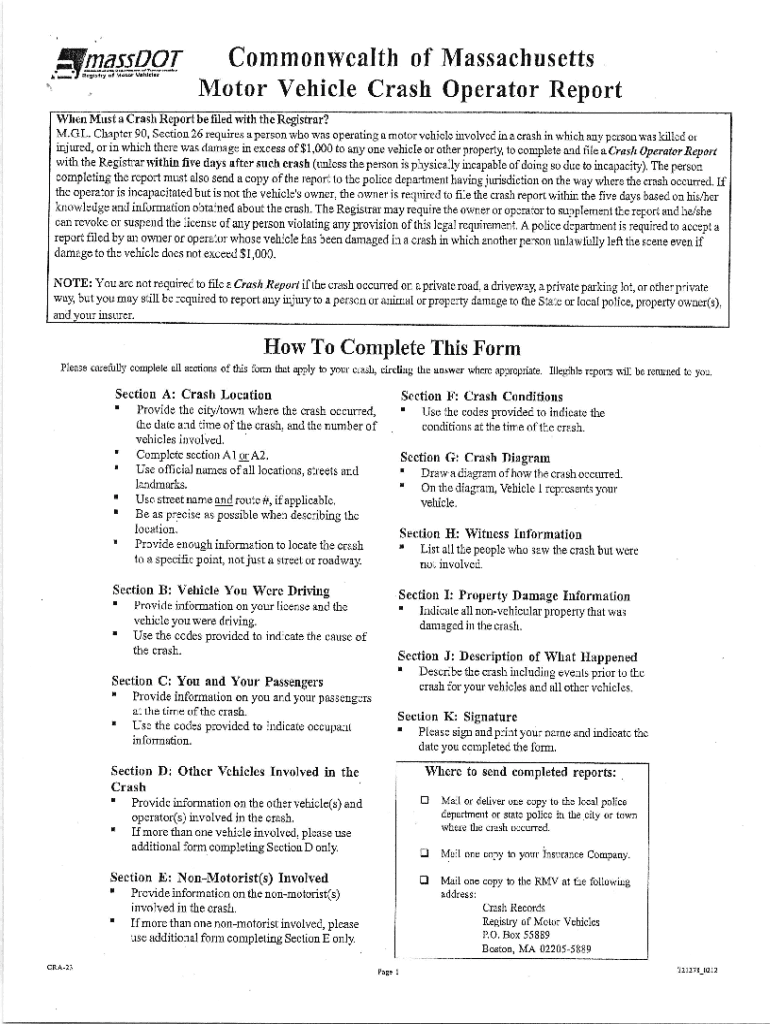 Fillable Online #massDOT Motor Vehicle Crash Operator Report Fax Email ...