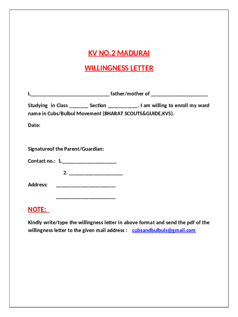 Willingness Letter - Fill Online, Printable, Fillable, Blank | pdfFiller