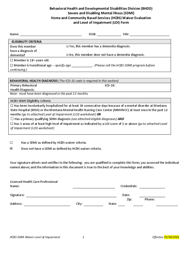 Fillable Online dphhs mt Evaluation and Level of Impairment (LOI) Form ...