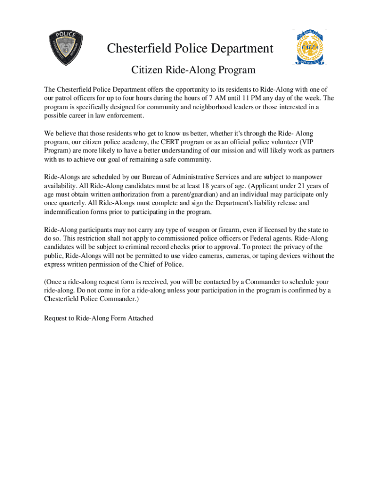 Fillable Online Chesterfield Police Department - Citizen Ride-Along ...