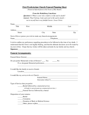 Fillable Online First Presbyterian Church Funeral Planning Sheet ...
