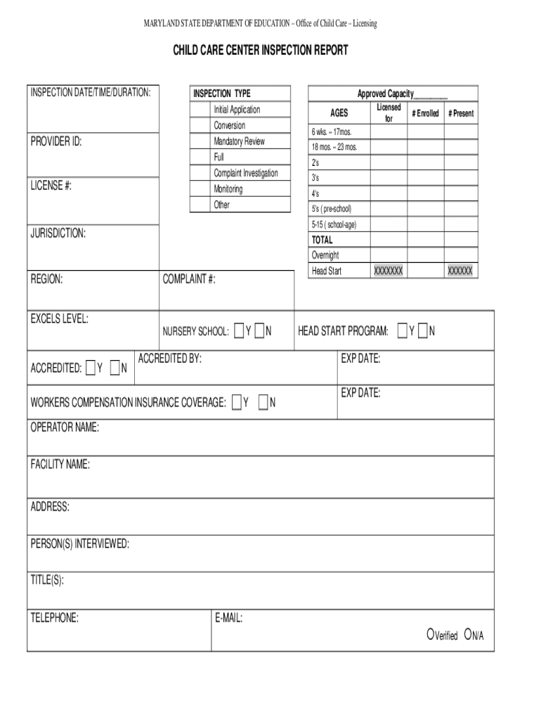 Fillable Online Licensing - CHILD CARE CENTER INSPECTION REPORT Fax ...