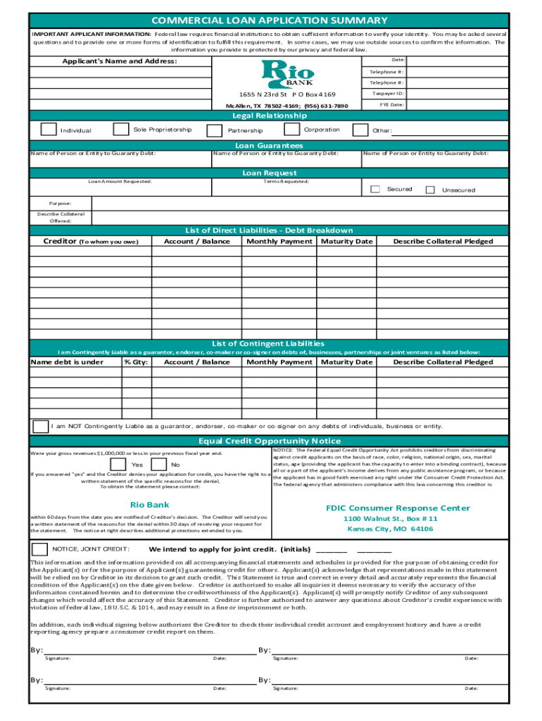 Fillable Online COMMERCIAL LOAN APPLICATION SUMMARY 0 No D No Fax Email ...