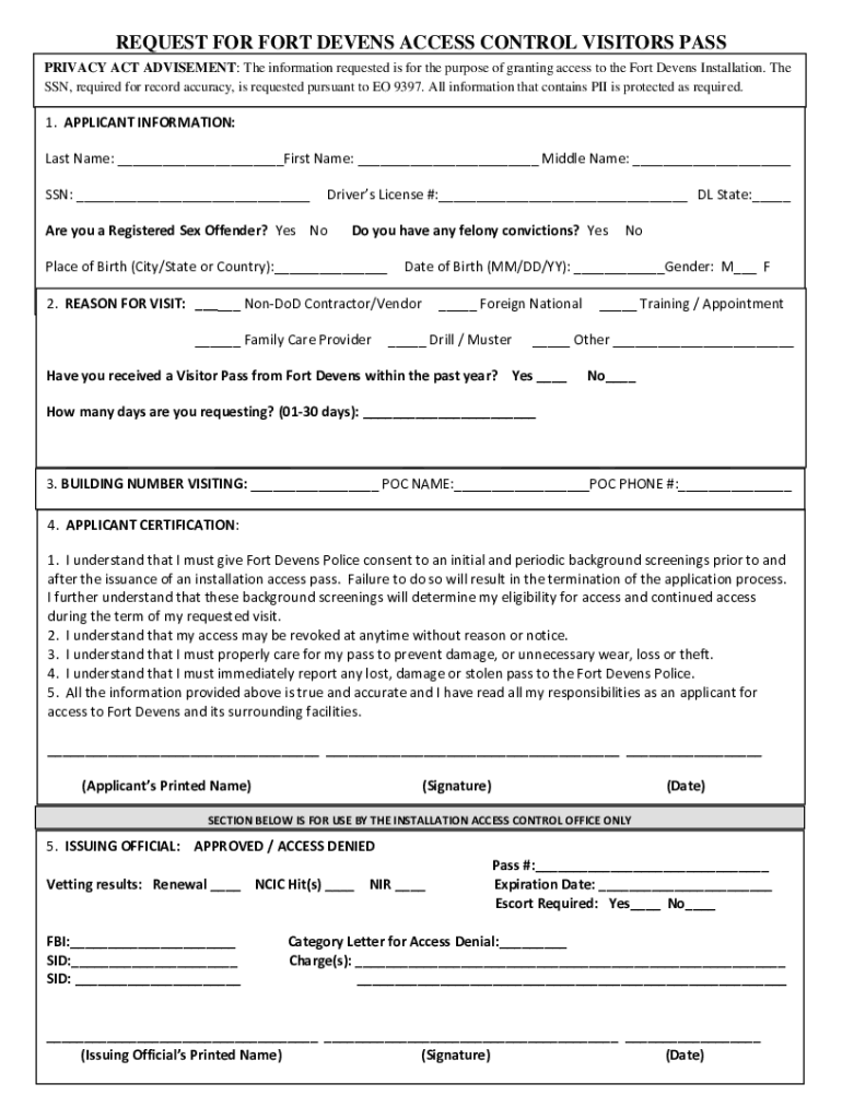 Fillable Online REQUEST FOR FORT DEVENS ACCESS CONTROL ... Fax Email ...