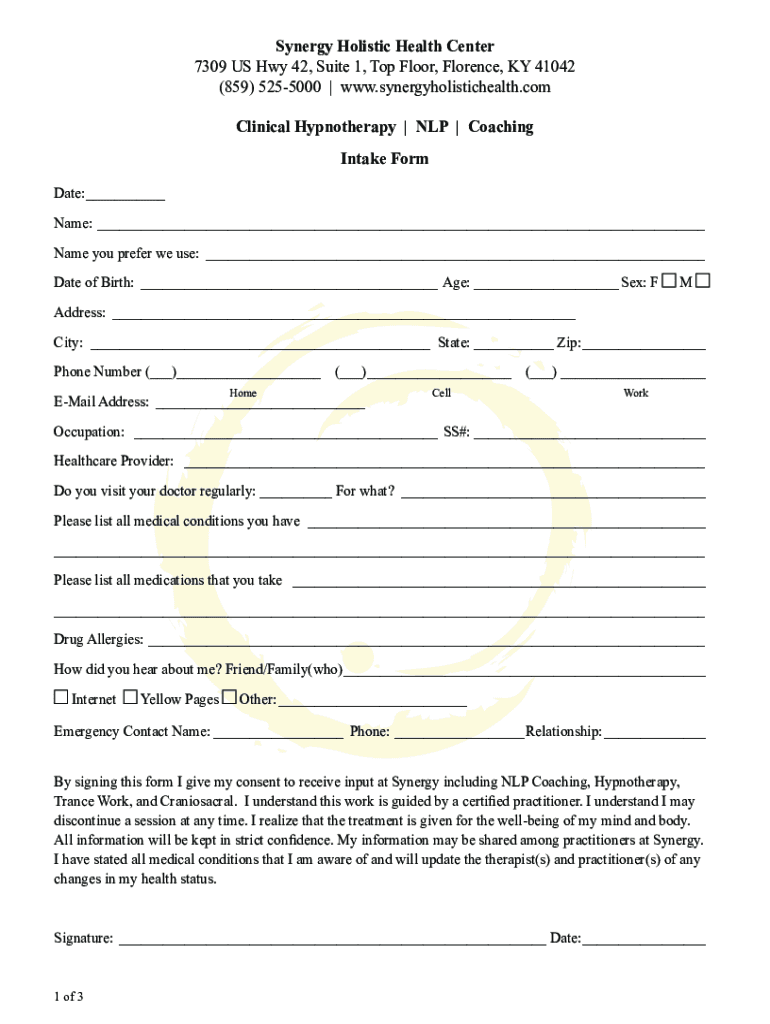 Fillable Online Clinical HypnotherapyNLPCoaching Intake Form Fax Email Print - pdfFiller
