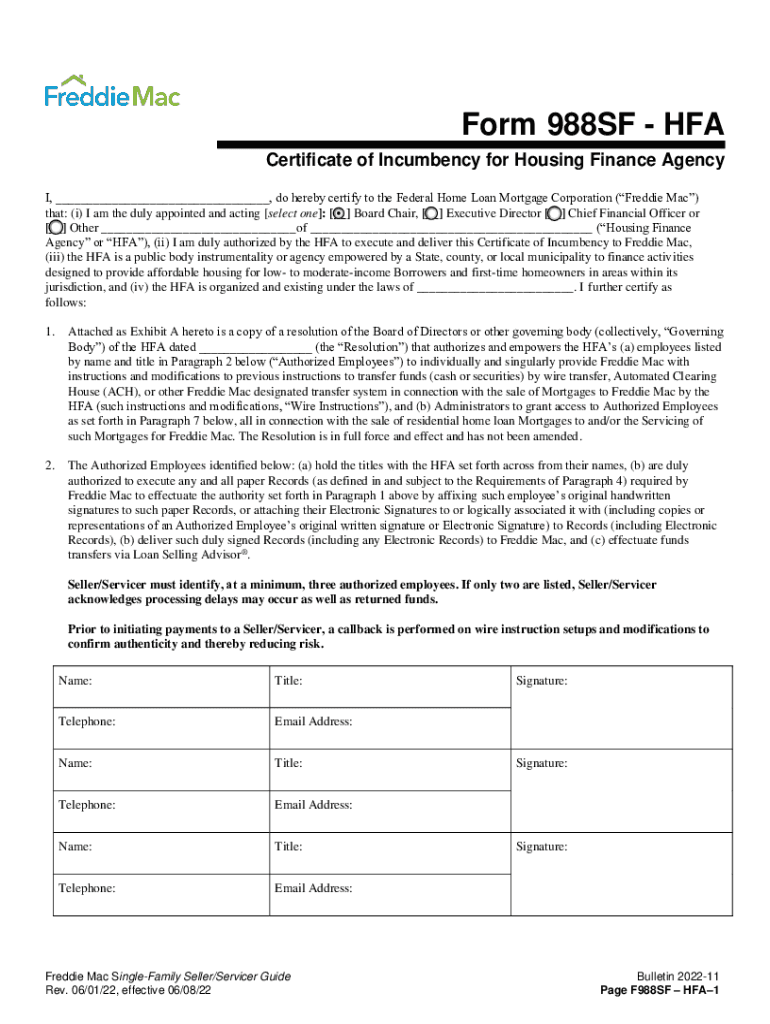 Fillable Online Form 988SF - HFA. Certificate of Incumbency for Housing ...