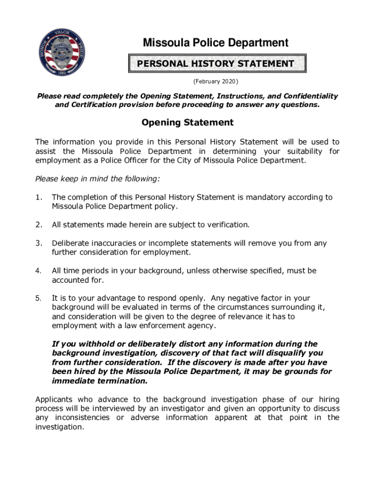 Fillable Online Missoula Police Department - PERSONAL HISTORY STATEMENT ...