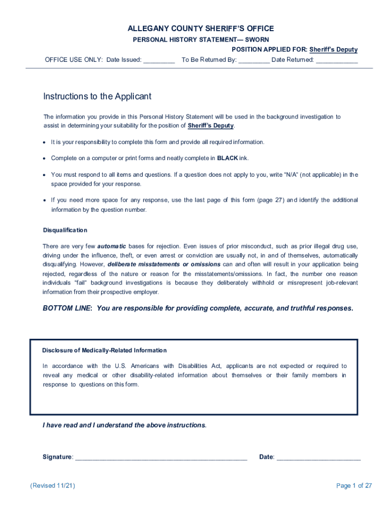 Fillable Online Personal History Statement - Bayou Vista Police ...