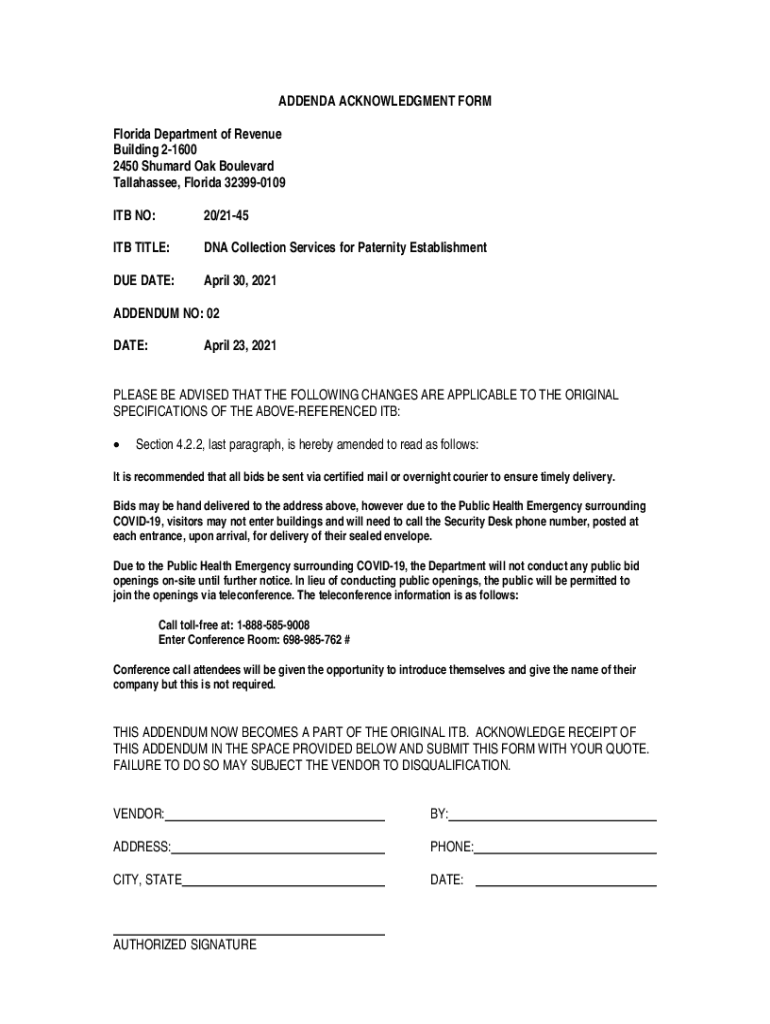 Fillable Online ADDENDA ACKNOWLEDGMENT FORM Florida Department of ... Fax Email Print - pdfFiller