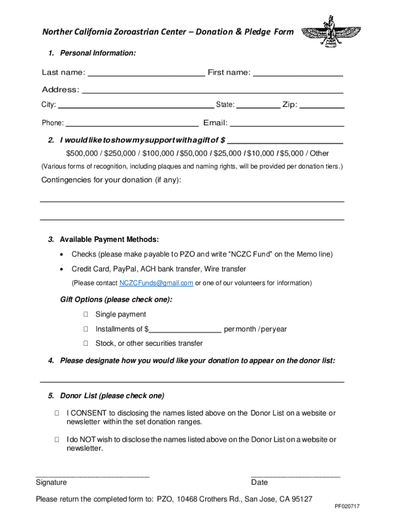 Fillable Online Norther California Zoroastrian Center Donation & Pledge ...