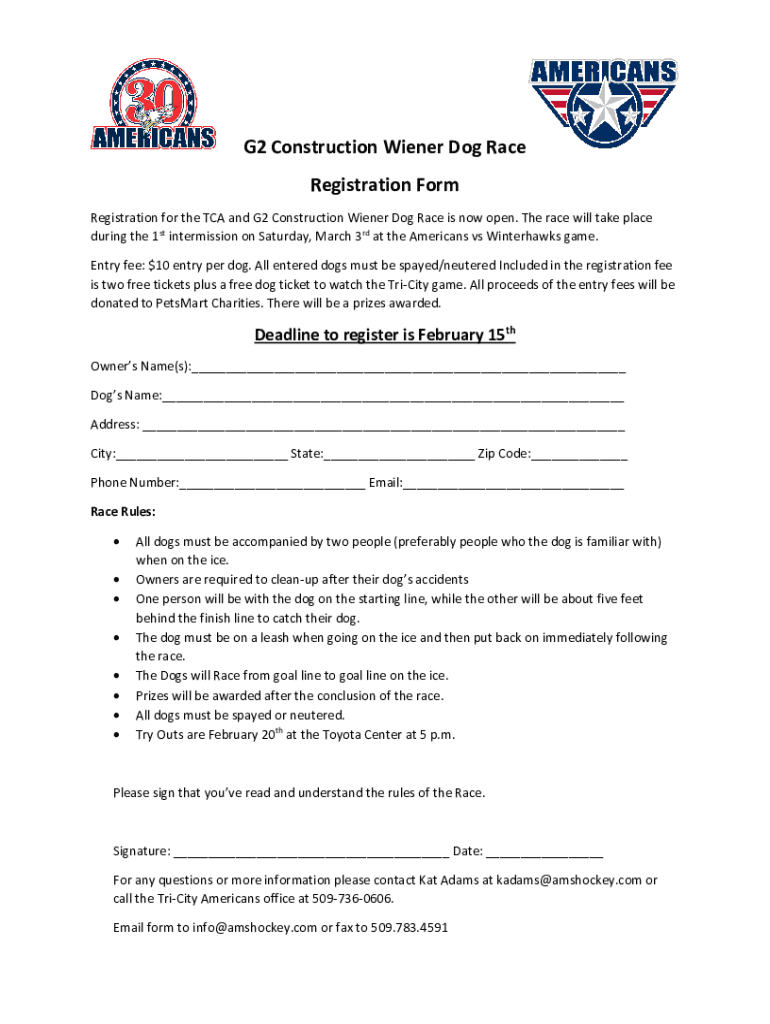 Fillable Online G2 Construction Wiener Dog Race Registration Form Fax ...