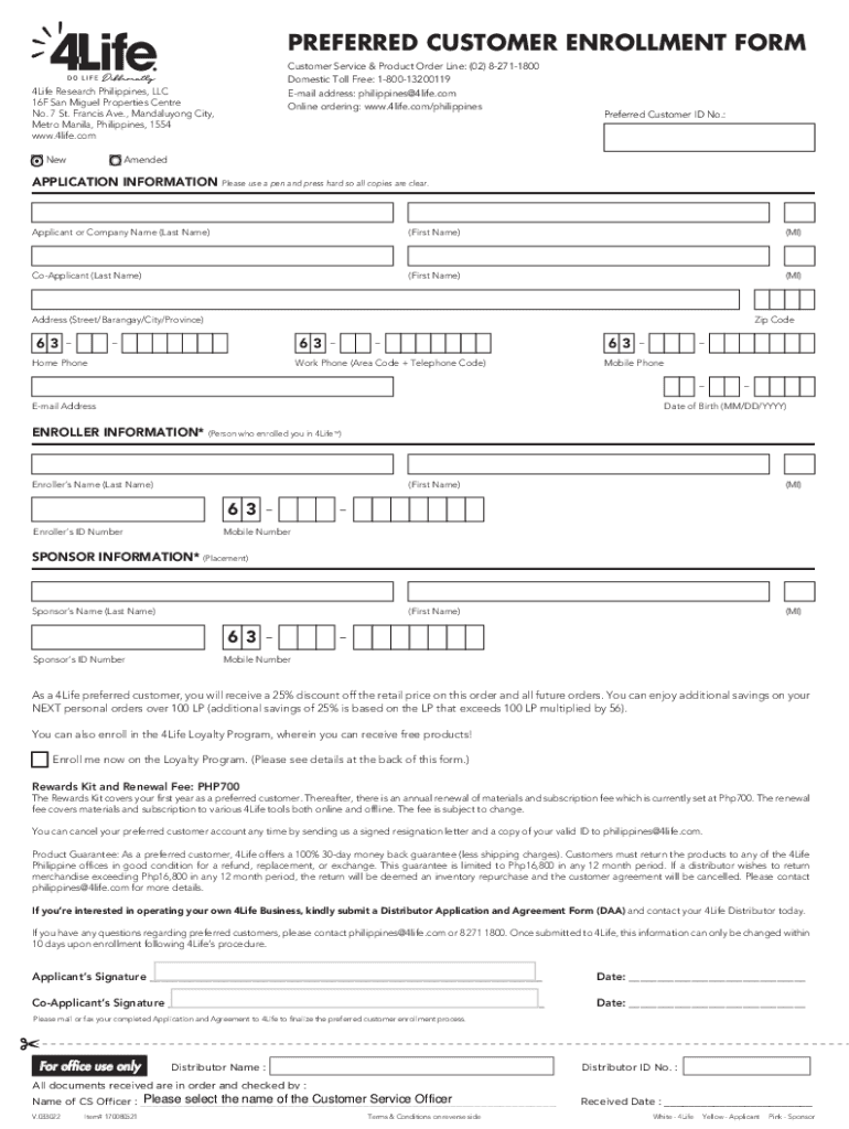 Fillable Online Preferred Customer Enrollment Form Fax Email Print ...