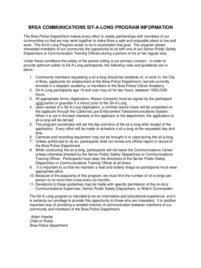 Fillable Online Brea Police Department - RIDE-ALONG PROGRAM Fax Email ...