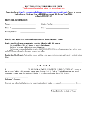 Fillable Online DRIVING SAFETY COURSE REQUEST FORM - Boerne, TX Fax Email Print - pdfFiller