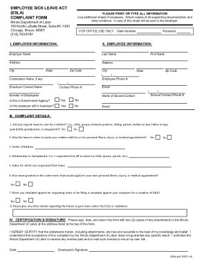 Fillable Online EMPLOYEE SICK LEAVE ACT (ESLA) COMPLAINT FORM Fax Email ...